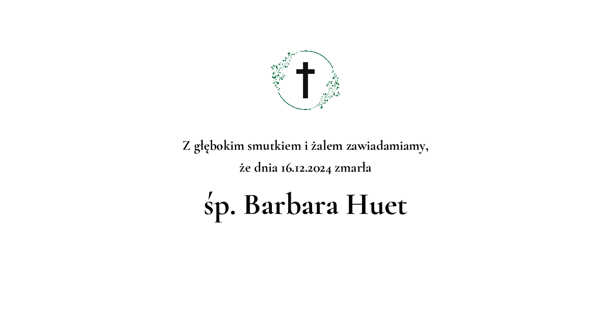 Nekrolog Barbara Huet (94 lata) - Informacja o pogrzebie